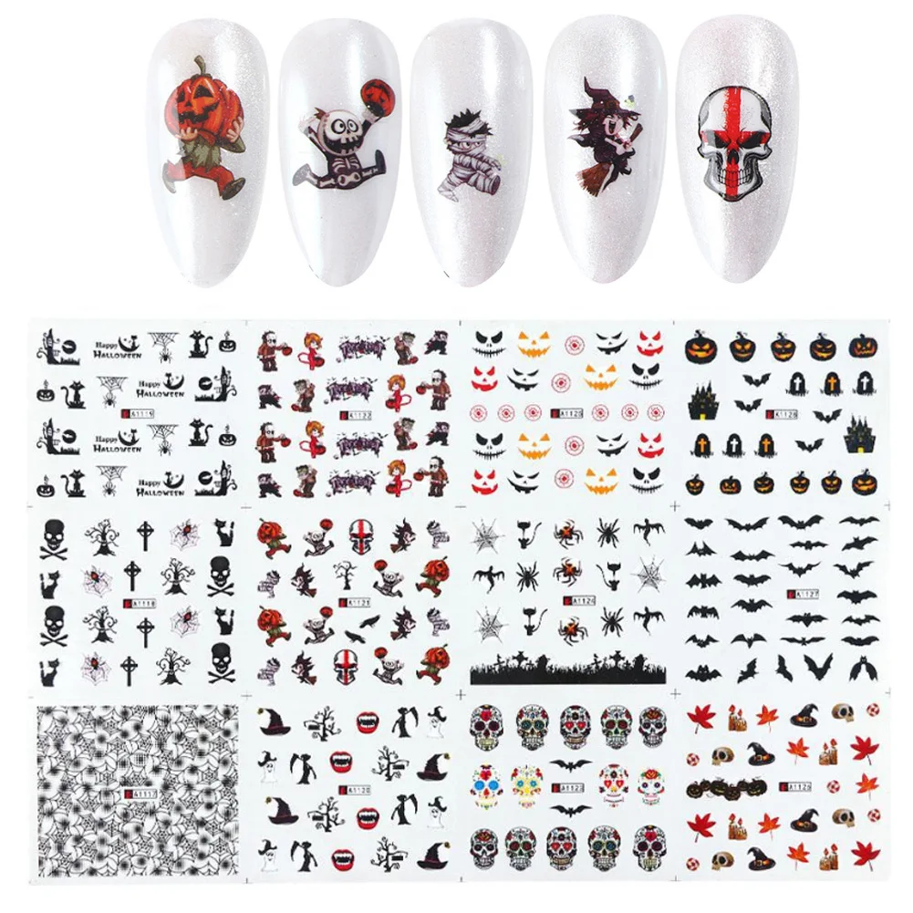 12Sheets In 1 Halloween Pumpkin Skull Funny Nail Stickers Stickers ...