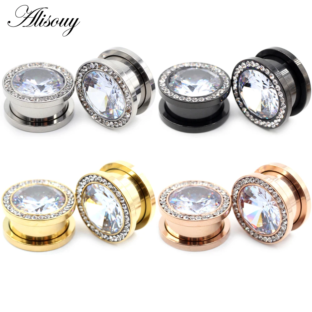 Alisouy 2pcs 6 16mm 큐빅 지르코니아 스테인레스 스틸 스크류 귀 터널 플러그 육체 확장기 들것 게이지 바디 피어
