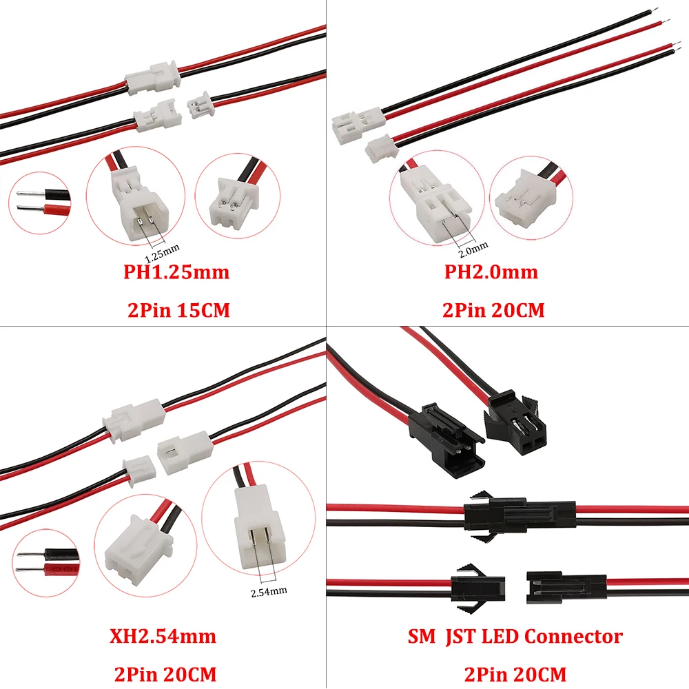 10 Pair Mini JST 2 Pin Connector Male Female Cable PH1.25mm / PH 2.0mm ...