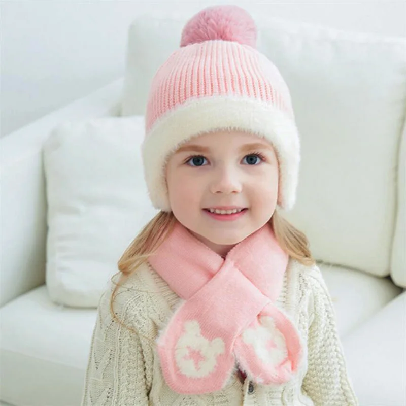 Kids Winter Hat And Scarf Baby Warm Ribbed Kint Hat Set Child 2019 ...