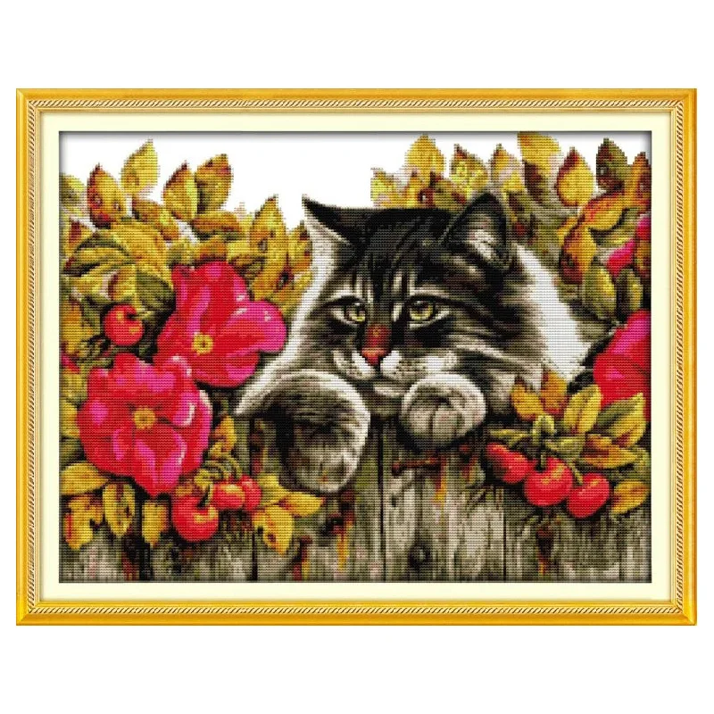 Free 11ct Cross Stitching Cat In The Flowers 3 Diy Needlework Dmc Cross ...