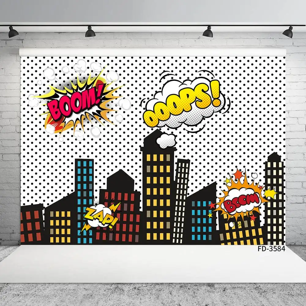 Comics City Building Superhero Poster Background For Boy Birthday Party ...