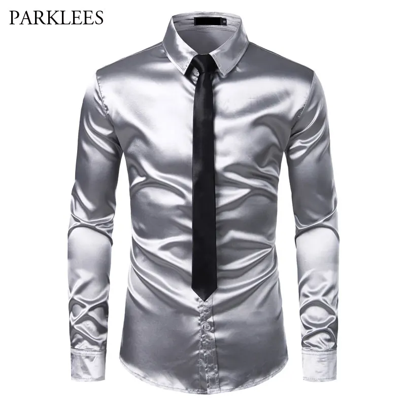 2pcs Silver Silk Shirt+Tie Mens Satin Smooth Tuxedo Shirts Casual ...