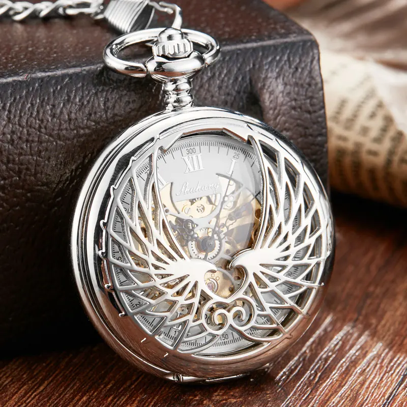 Luxury Mechanical Pocket Watch with Chain Angel Wings Hollow Pendant ...