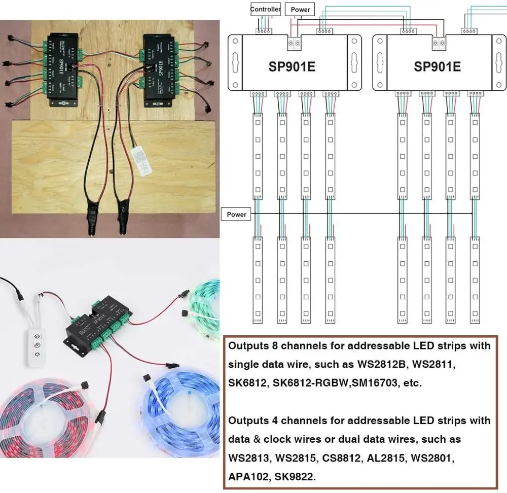 SP901E Pixel Strip SPI Signal Amplifier DC 5V-24V Data Repeater for ...