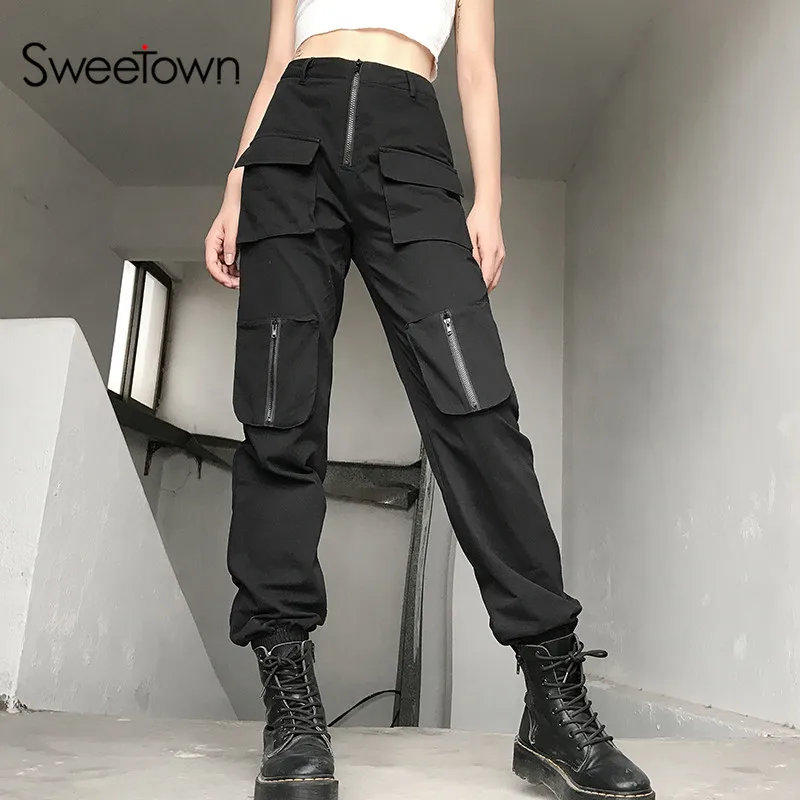Sweetown/черные уличные женские брюки-карго на молнии с карманами ...