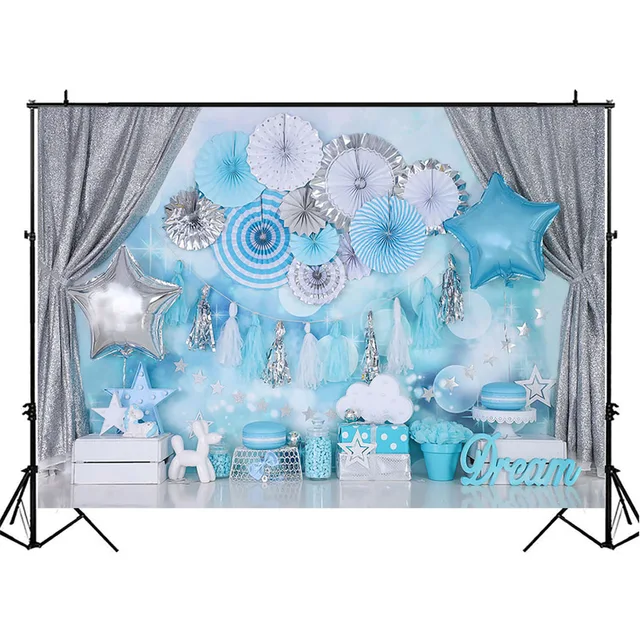 Boy 1st Birthday Background for Photography Glitter Silver Curtain Blue ...
