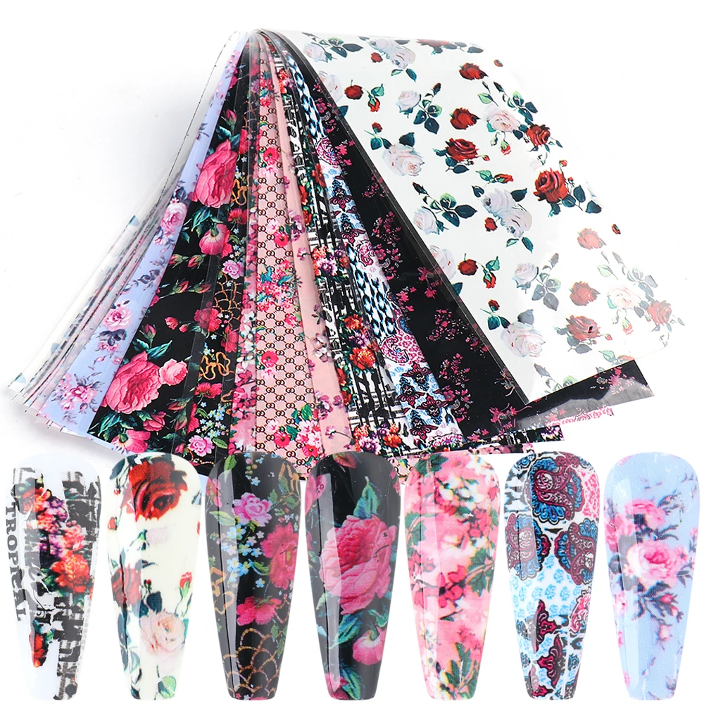 10pcs Transfer Nail Foil Luxury Rose Floral Foils Nail Art Decorations ...