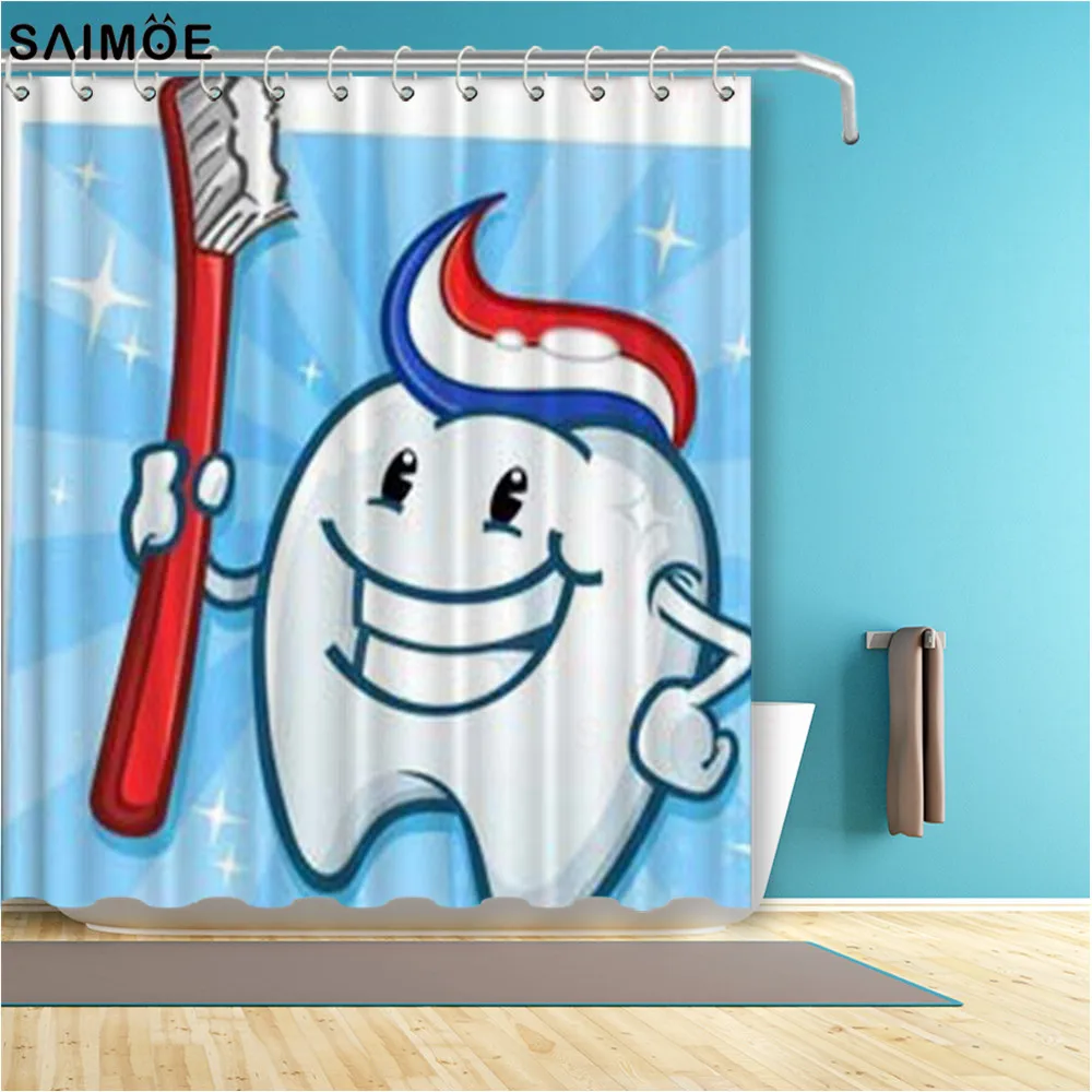 Dental Tooth With Toothbrush Bathroom Curtain Cartoon Kids Waterproof ...