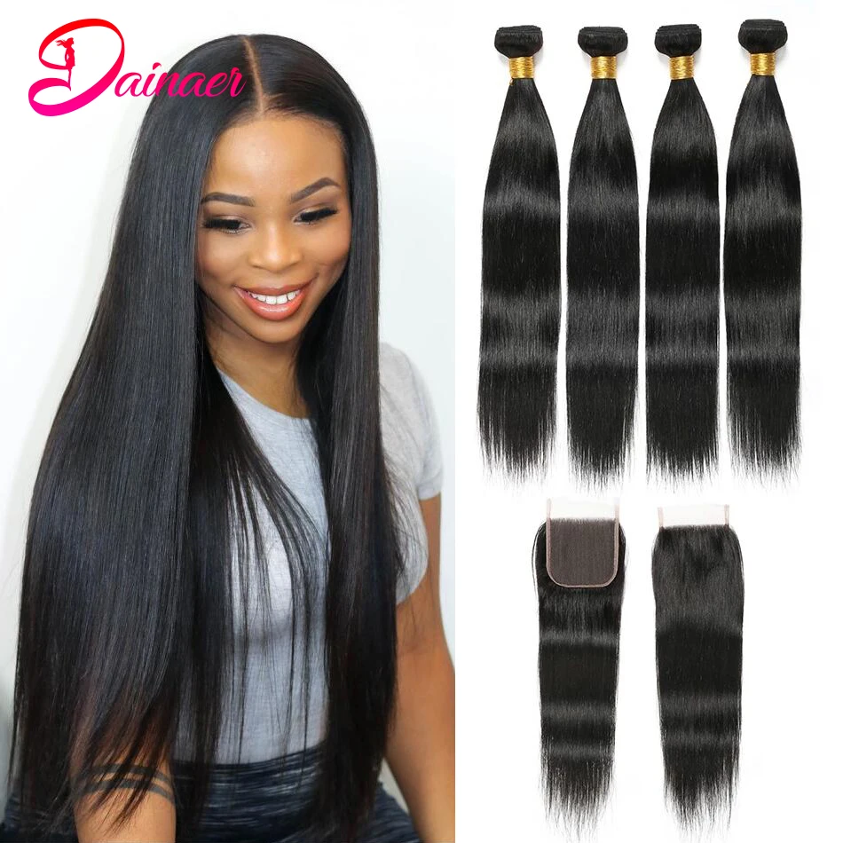 Cabelo brasileiro tecer 4 pacotes com fechamento em linha reta feixes ...