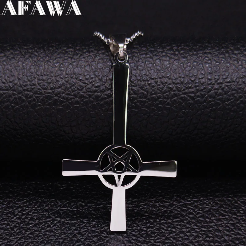 Inverted Cross Occult Pentagram Stainless Steel Chain Necklace Women ...