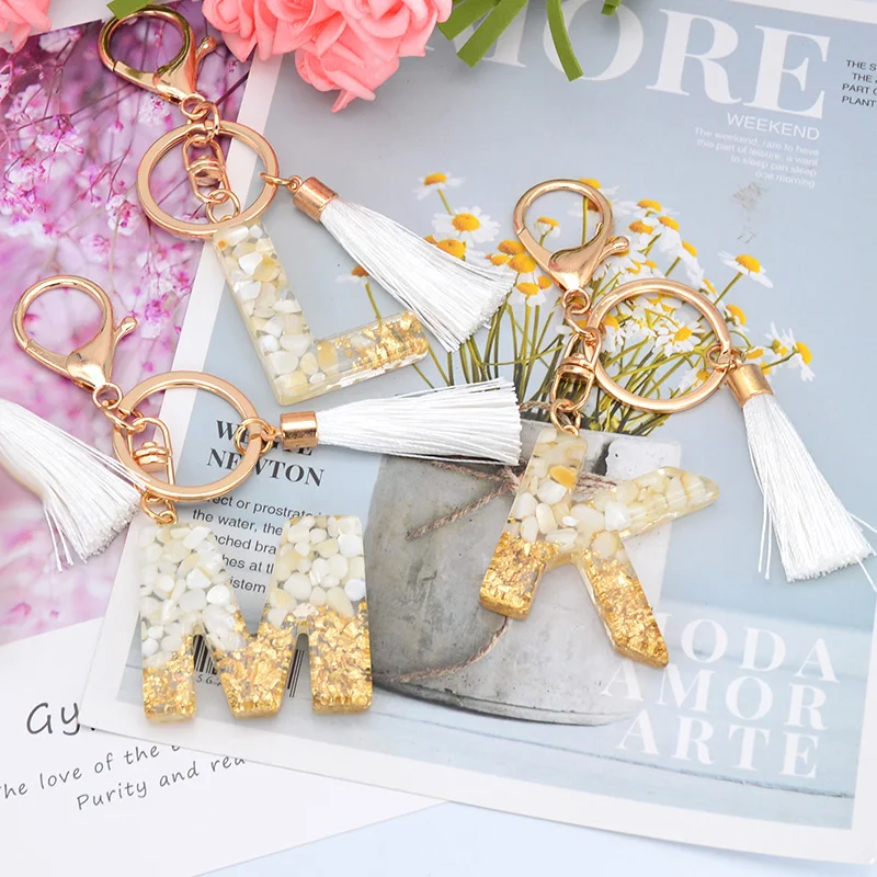White-Tassel-Gold-Foil-English-Letters-Keychain-Crystal-Adhesive ...