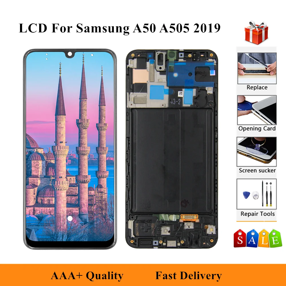Pantalla LCD táctil para móvil, montaje de digitalizador con marco para Samsung Galaxy A50 2019 ...