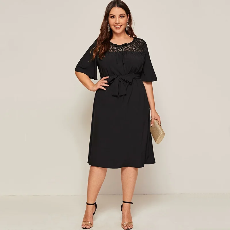 Plus Size Tie Front Elegant Summer Dress Women Ruffle Sleeve Sashes ...
