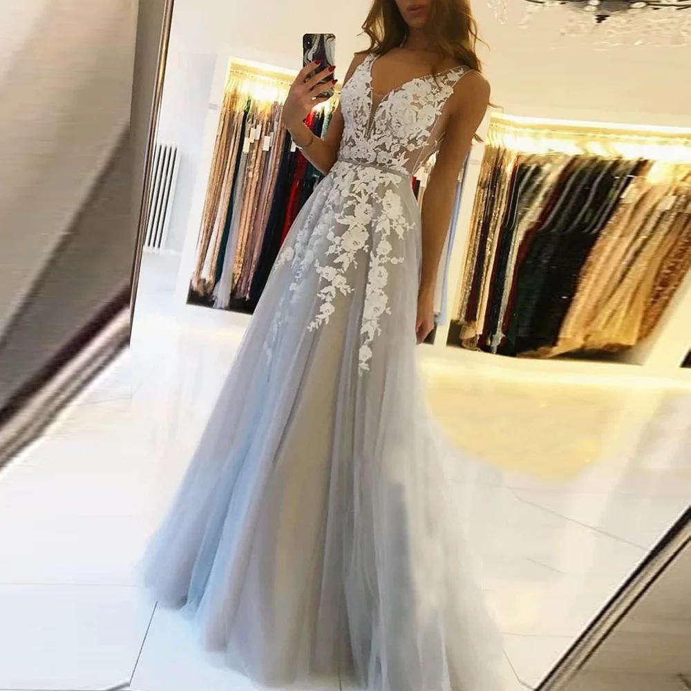 Bepeithy V Neck Long Prom Dresses 2021 For Women Sexy Gray Summer ...