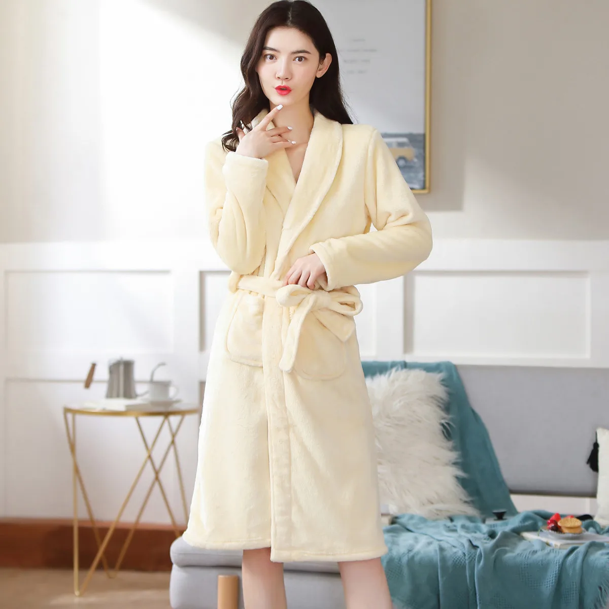 Winter Warm Flannel Bathrobe Women Knee-length Bath Robe Soft Thicken ...