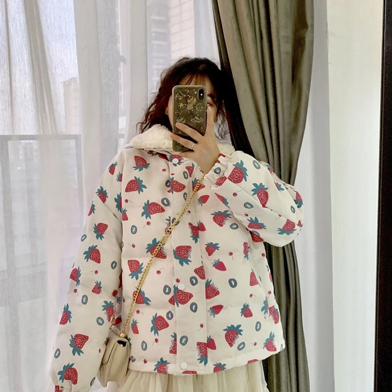 Woherb Women's Harajuku Parkas Kawaii Jacket Strawberry Print Winter ...