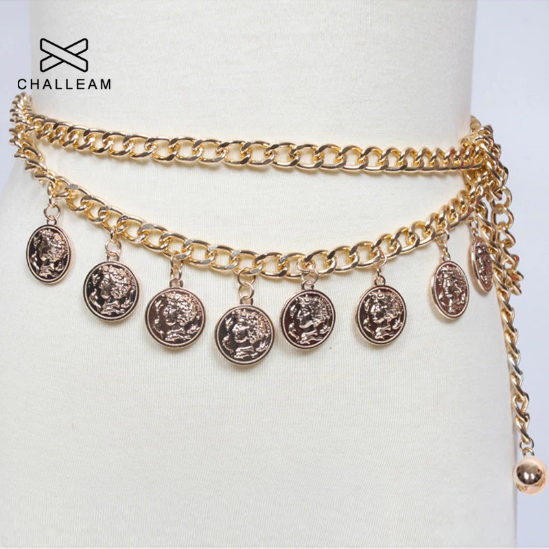 Fashion Ladies Small Gold Coin Tassel Metal Waist Chain Belts For ...