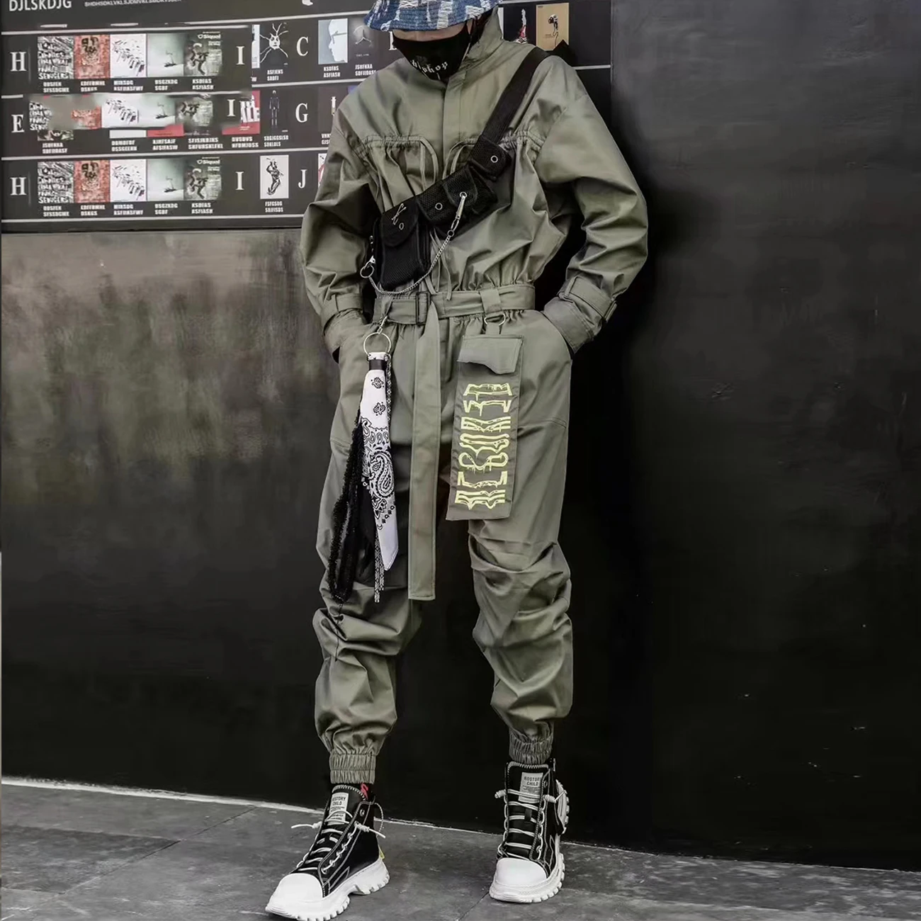 LACIBLE Hip Hop Streetwear Jumpsuits Men Ribbon Embroidered Cargo Pants ...