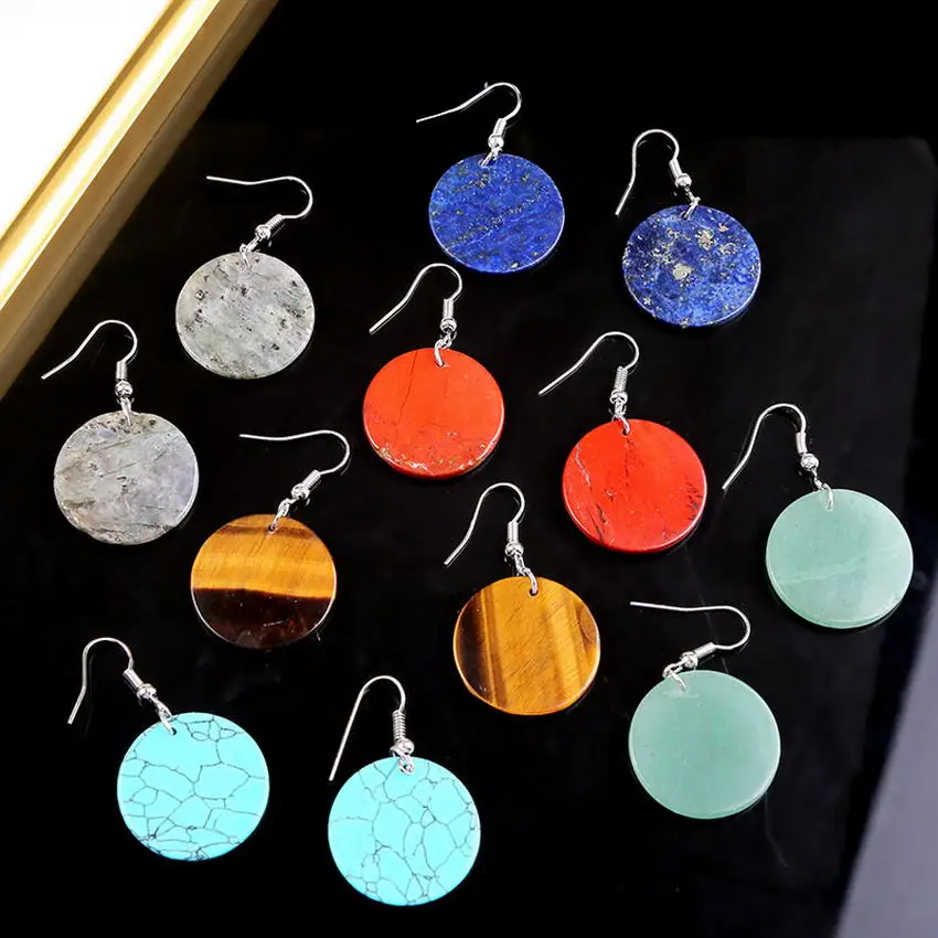 Round Shape Natural Stone Slice Disc Dangle Earrings Women Polished ...