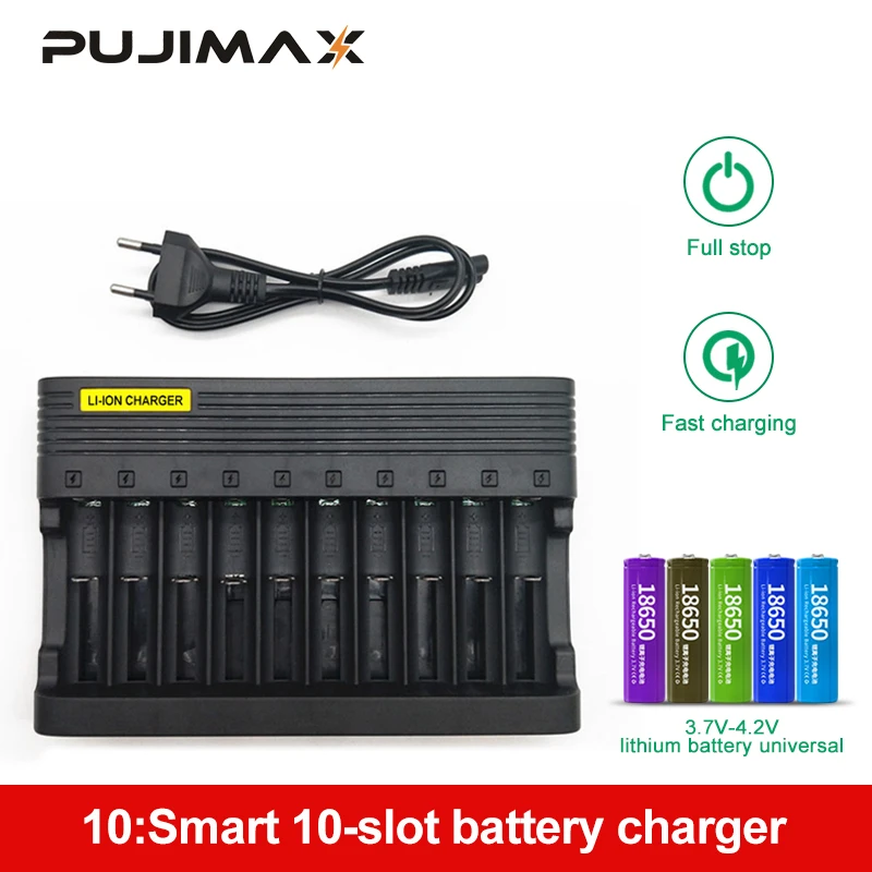 PUJIMAX 26650 10 slots battery charger 18650 EU Smart charging 14500 ...