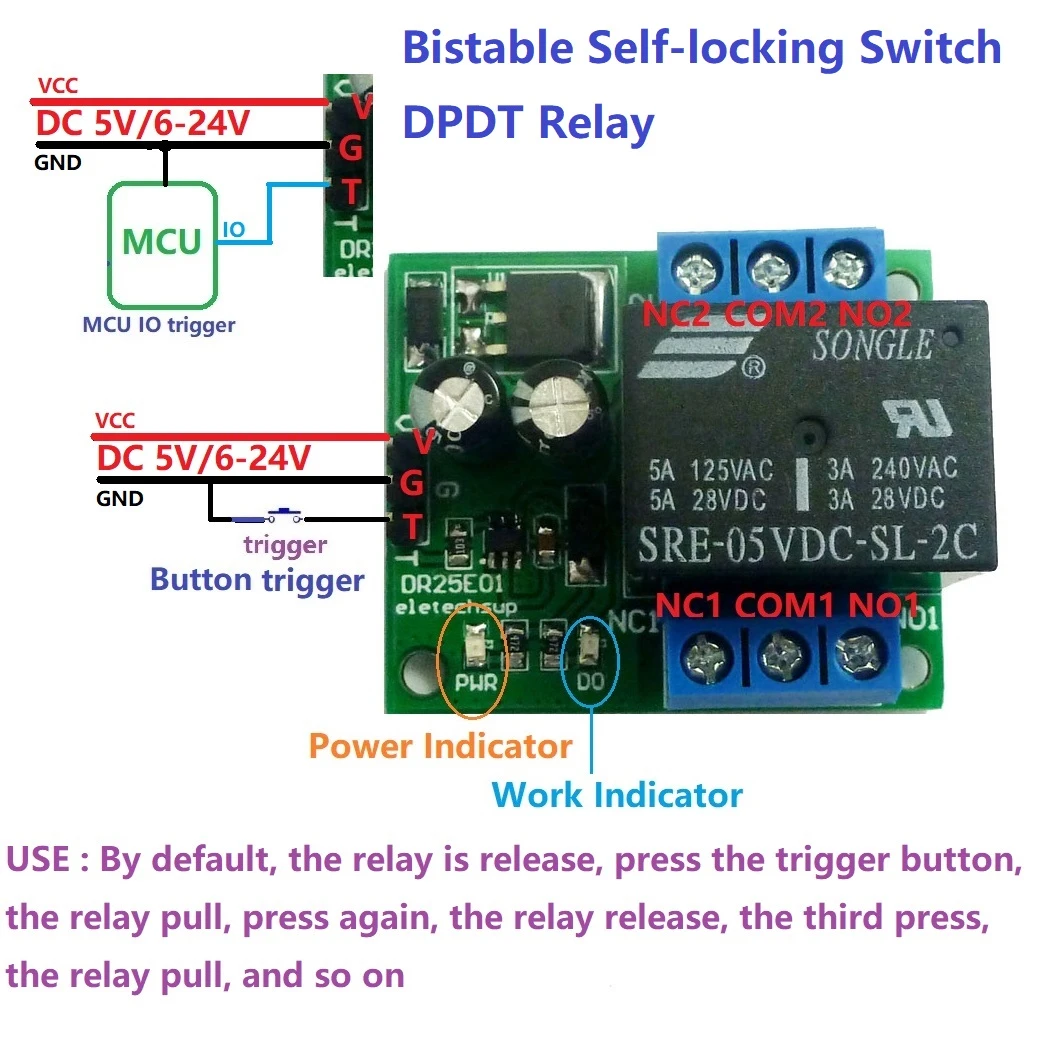 DC 5V 9V 12V 24V 3 5A Flip Flop Latch DPDT Relay Module Bistable Self ...