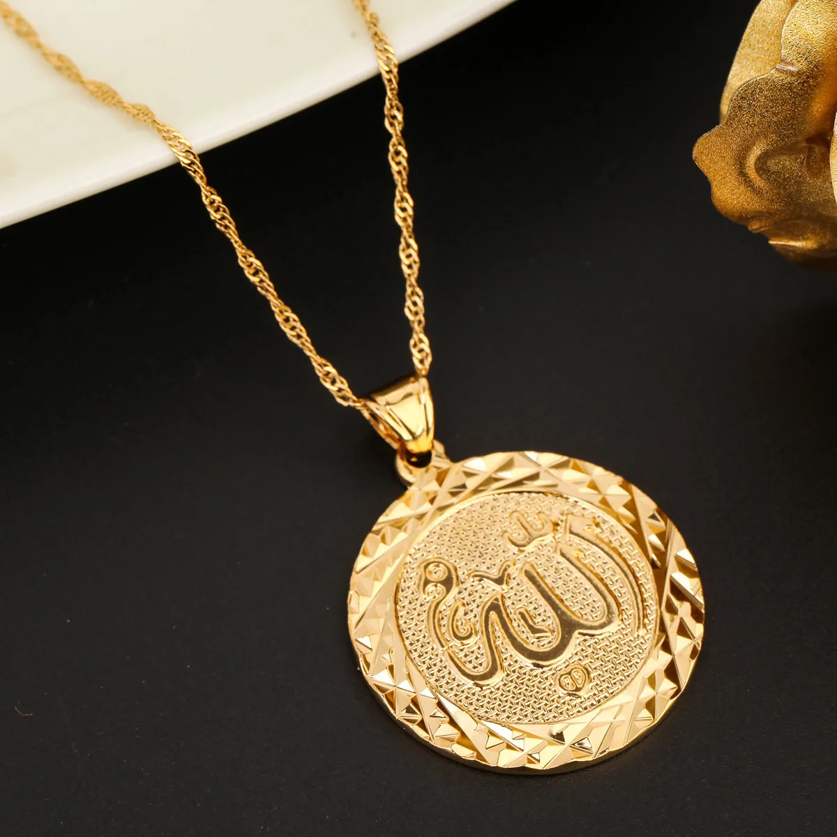 Gold Color Allah Pendant Necklace Round Fashion Middle East Charm Islam ...