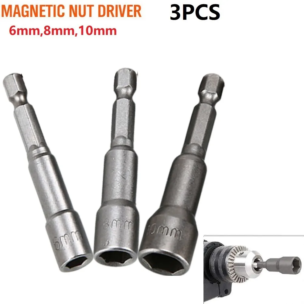3pcs 6/8/10mm Hex Socket Adapter 65mm Magnetic Nut Screwdriver Socket ...