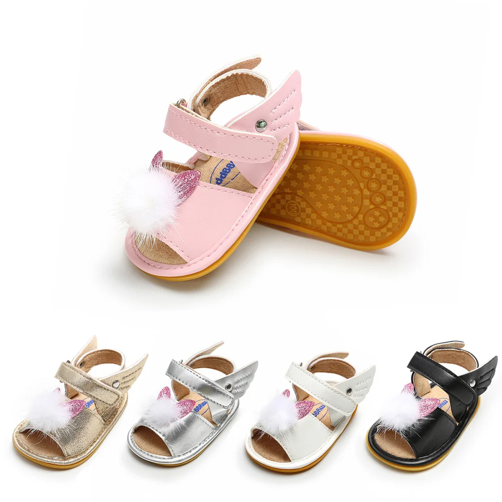 Infant Baby Shoes Girl Summer Sandals PU Leather Angel Wings Fuzzy Ball ...