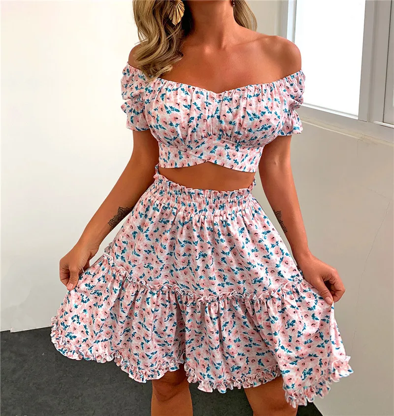 Ensemble-de-jupes-florales-boh-mes-pour-femmes-manches-courtes-jupe ...