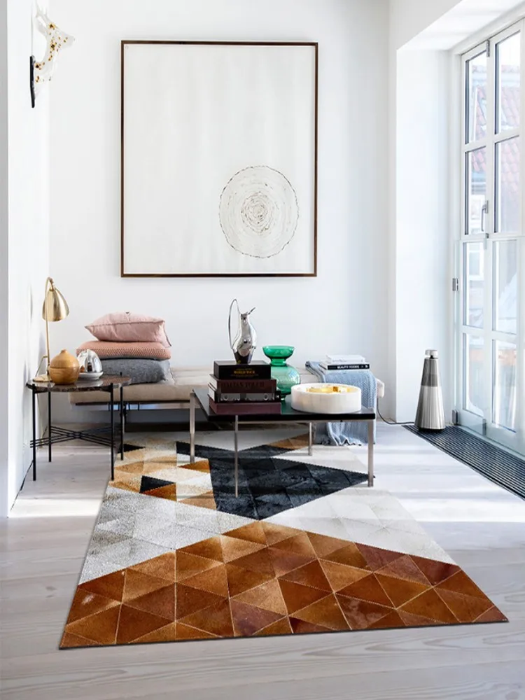 Handmade Grey and White Cowhide Patchwork Rug 3D Square Design Cow Skin ...