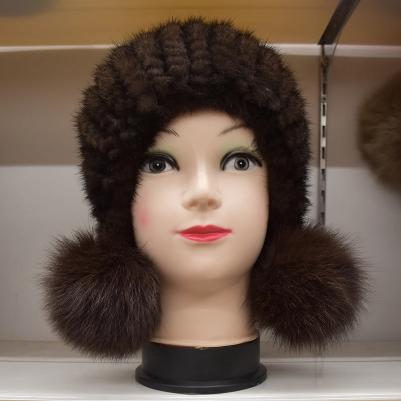 Mink Fur Knit Hats Women Fox Fur Ball Cap Fashion Women Real Mink Hat ...