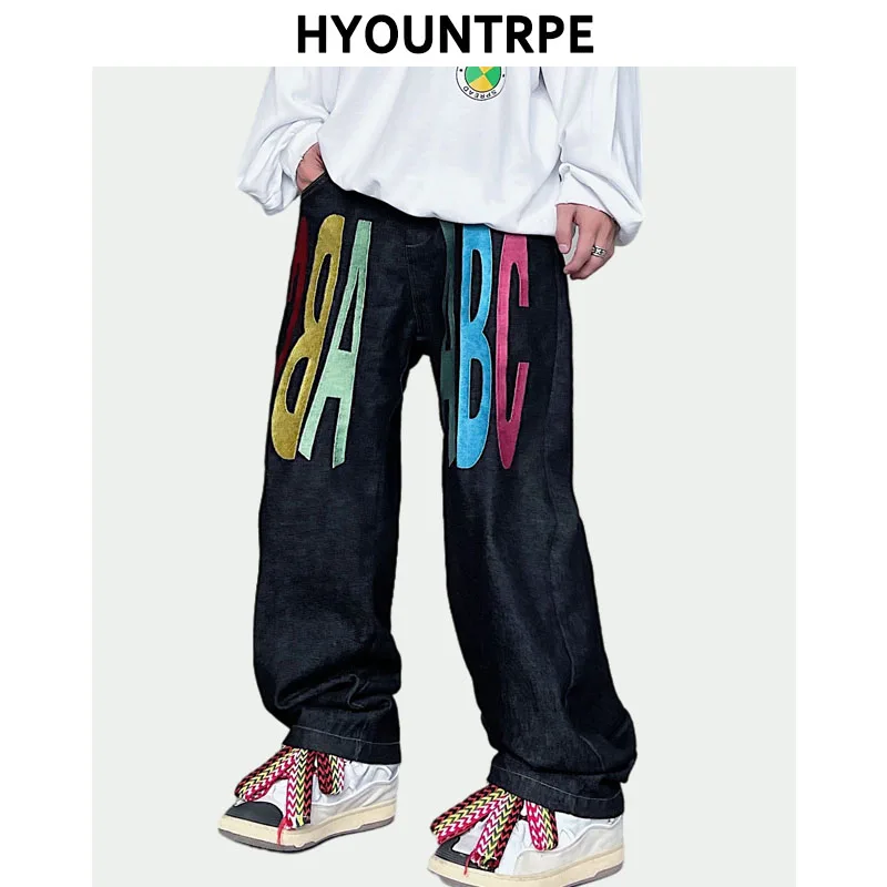 Mens-Jean-Pants-Letter-Embroidery-Denim-Straight-Pants-Casual-Zipper ...