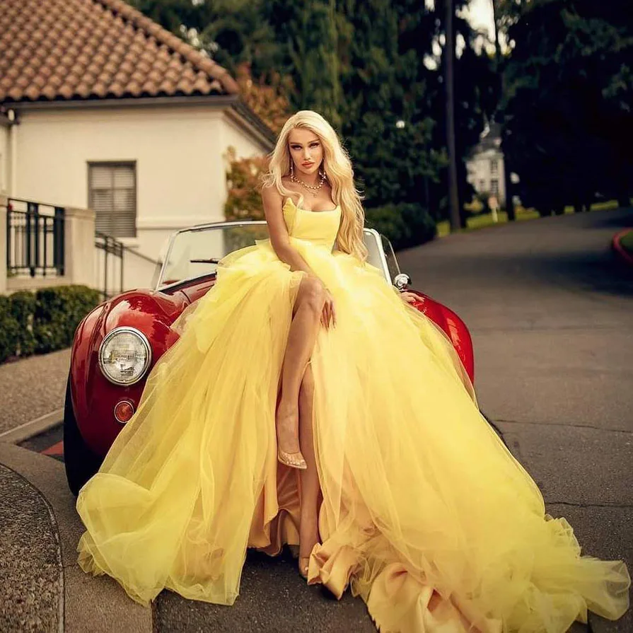 Princess-Yellow-Puffy-Tulle-Prom-Gowns-2020-Off-The-Shoulder-Lush-A ...
