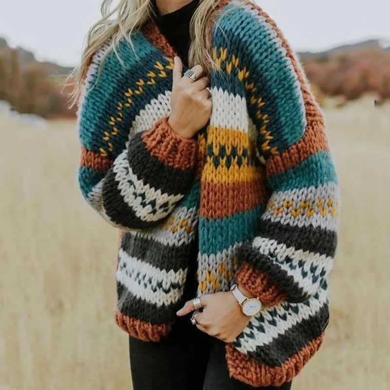 Color Block Knitted Cardigan Women Long Sleeve Winter Coat Ladies ...