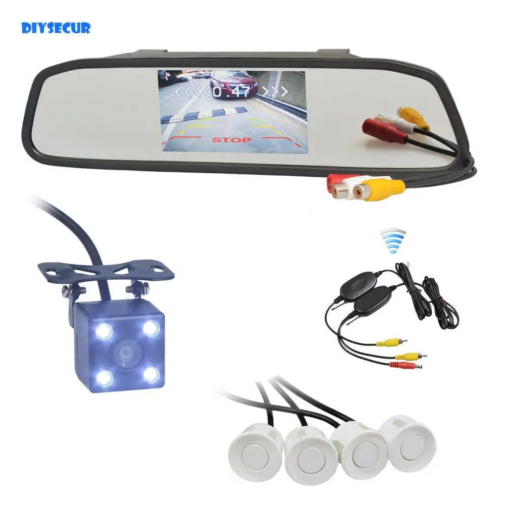 DIYSECUR Wireless Video Parking Radar 4 Sensors 4.3" Car Mirror Monitor ...