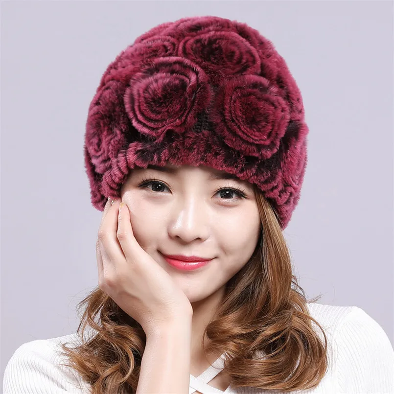 winter women's fur hat of real Rex Rabbit fur knitted hats floral pure ...