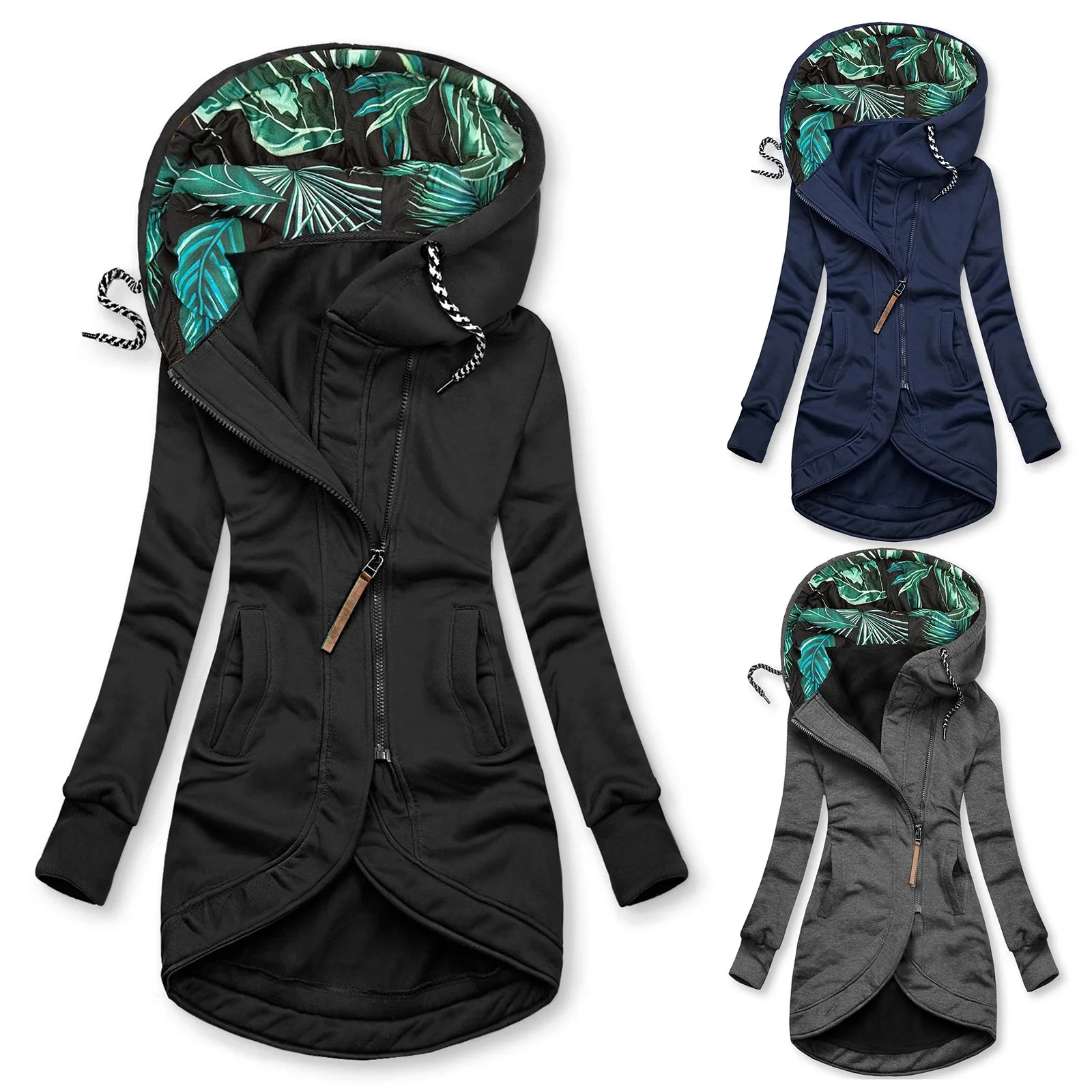 Fashion Drawstring Zip Up Jacket Women's Stitching Coat Hooded Slim ...