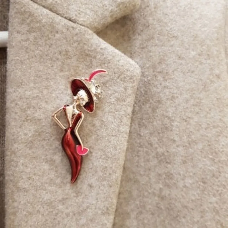 Big Red Brooches Women | Enamel Red Hat Brooch | Sexy Lady Enamel Pin ...