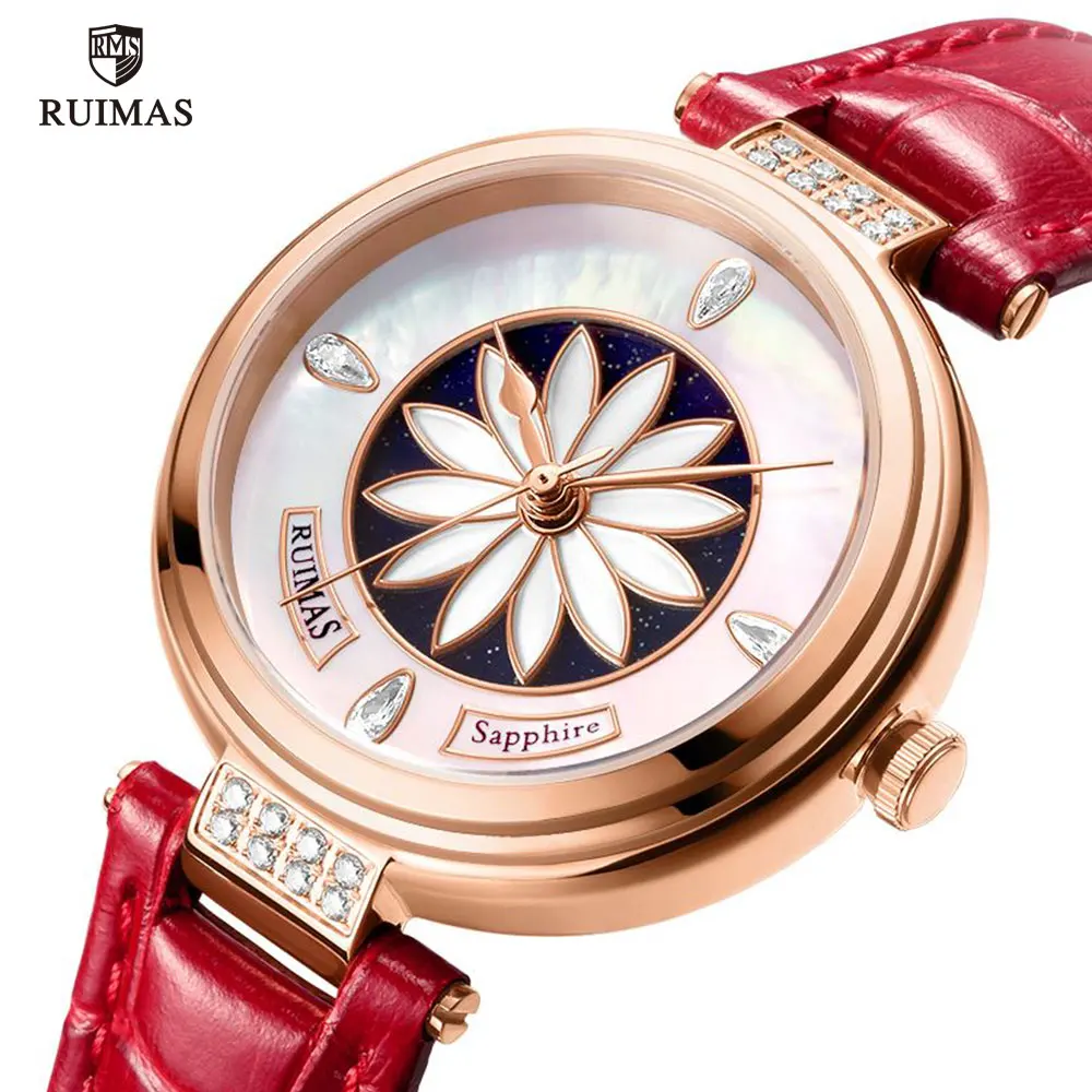 RUIMAS Women Genuine Leather Automatic Watches Luxury Casual Mechanical ...