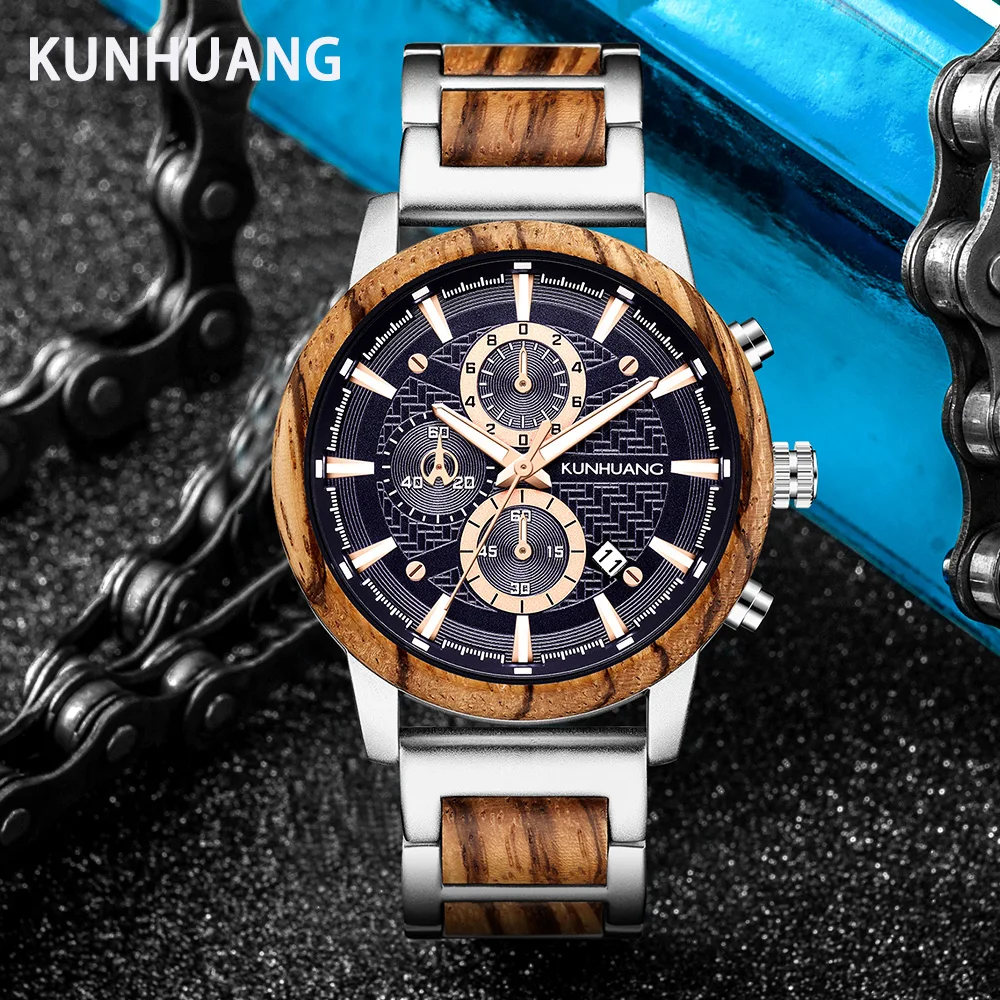 KUNHUANG Wood Watches Luxury Luminous Multi-function Wooden Men's ...