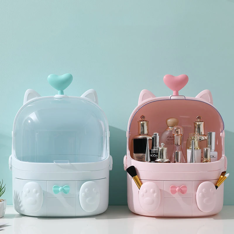Cat Transparent Makeup Organizer Cute Cosmetic Storage Box Desktop ...