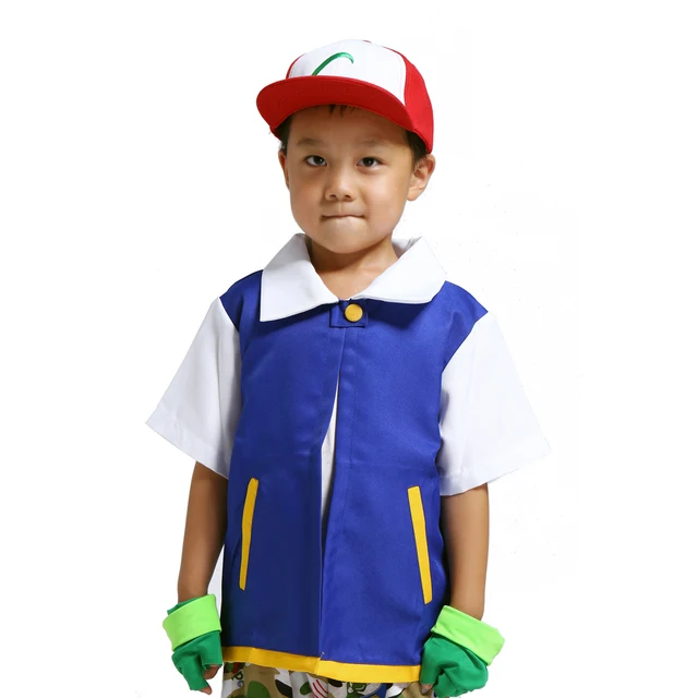 Anime Pokemon Ash Ketchum Blue Jacket Hat Gloves Sets Cosplay Costume ...