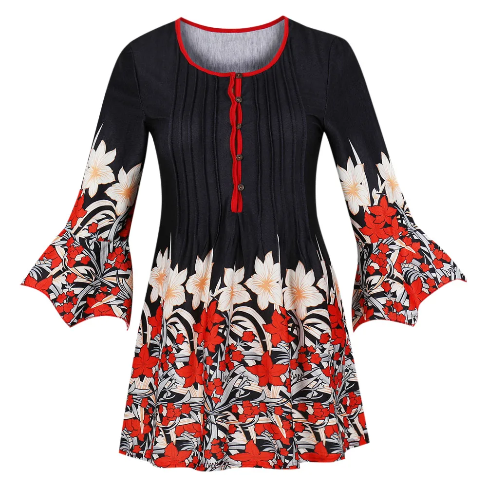 Wipalo grande taille 5XL femmes chemise drapée imprimé Floral longues tunique chemises o cou à ...