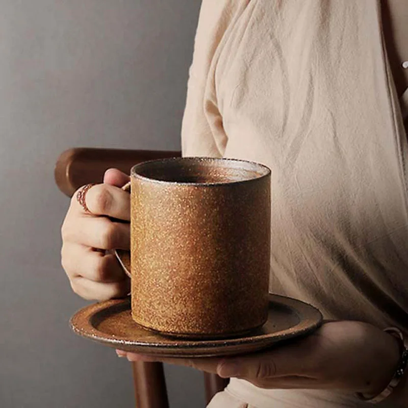 Taza de café japonesa hecha a mano con platillo, creativa taza de café de piedra para el hogar ...