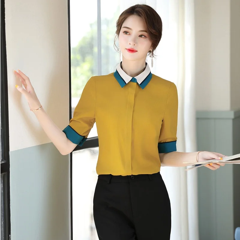 Summer Women Blouses & Shirts Yellow Half Sleeve Ladies Work Wear ...