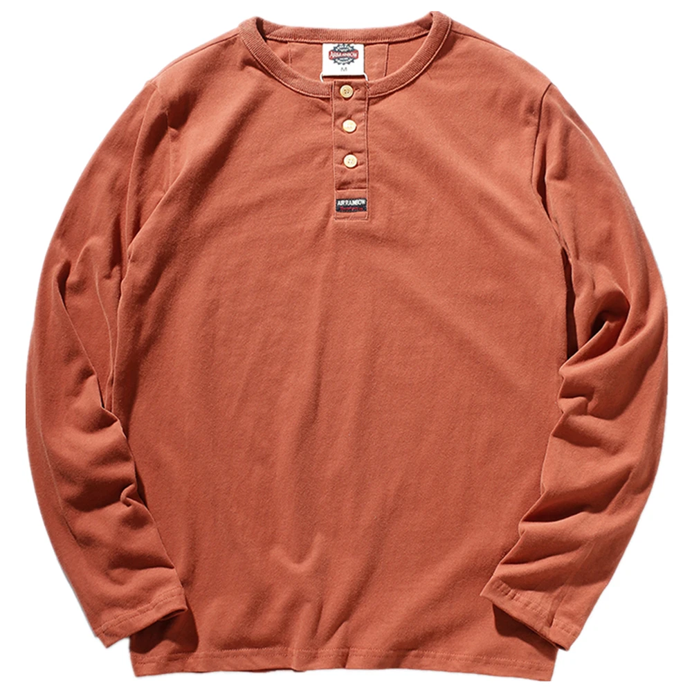 Henry Collar T-shirt Men 's Long Sleeve Retro American Casual Worn ...