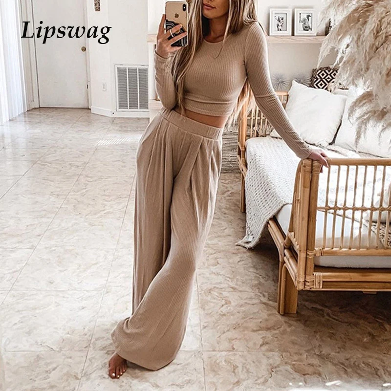 Women Casual Knitted Rib Two-piece Sets 2020 Autumn Ladies Long Sleeves ...
