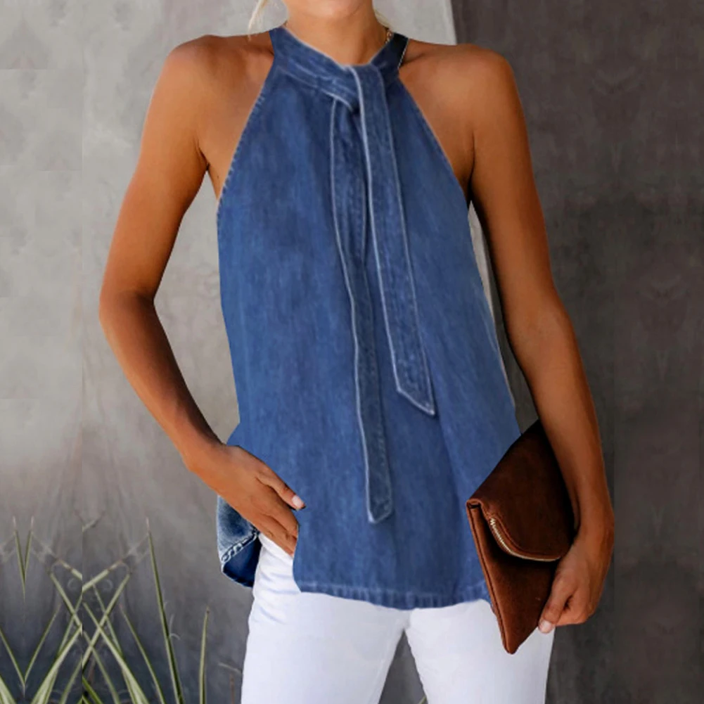 Women Solid Color Vest Sleeveless Back Button Neck Bandage Halter ...