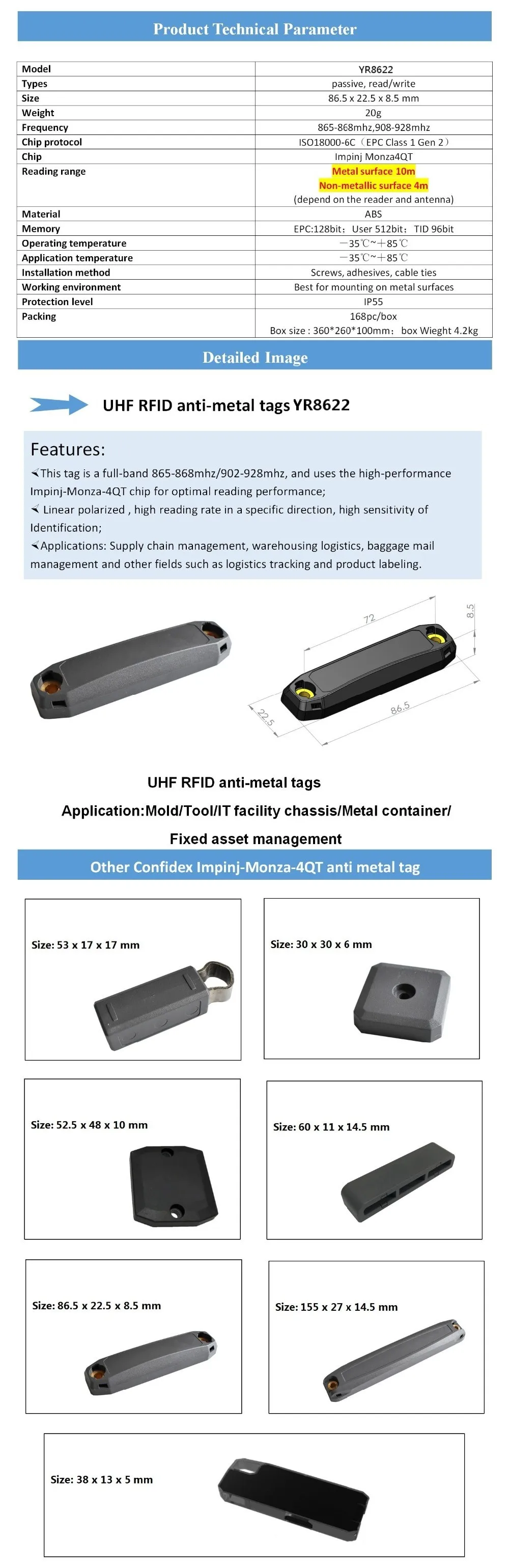 long range uhf rfid anti metal tag passive epc memory 128bits gen2 tag confidex impinj monza 4QT ...